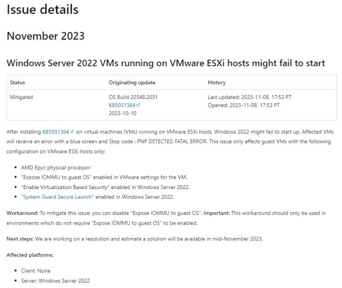 微软承认十月更新导致 Windows Server 2022 虚拟机开机蓝屏 - 天津睿斯福得IT外包服务公司